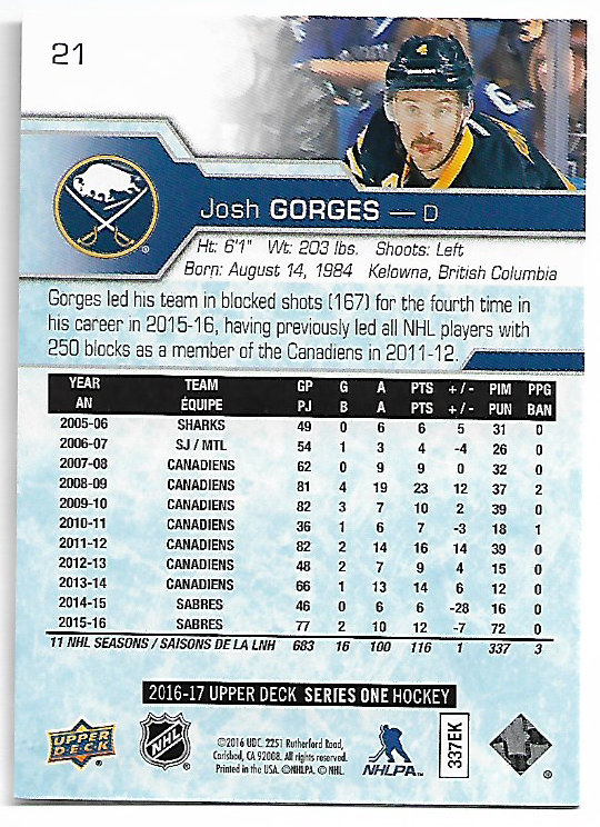 2016-17 Upper Deck Base Set Series 1 Card 21 Josh Gorges - Needs For ...
