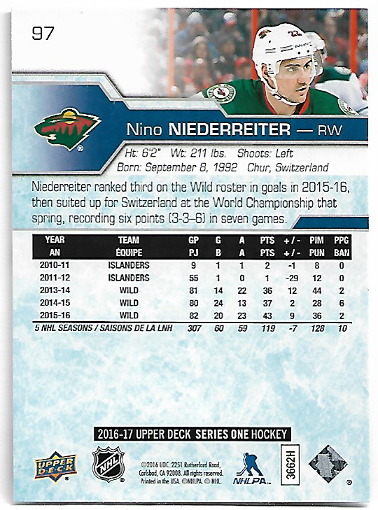 2016-17 Upper Deck Base Set Series 1 Card 97 Nino Niederreiter - Needs ...